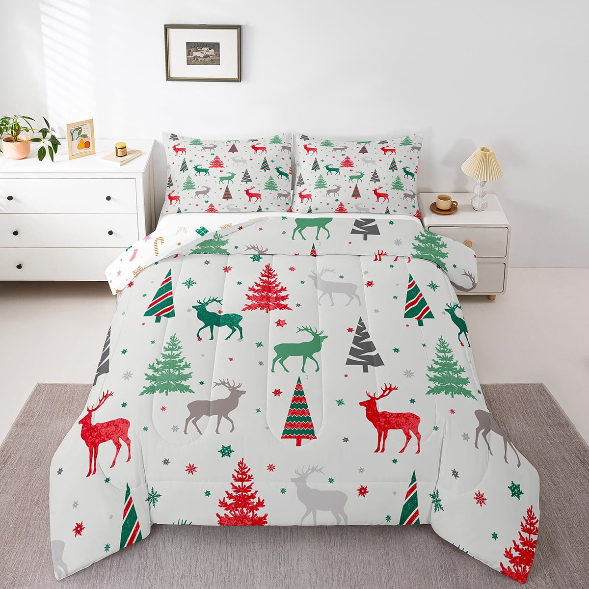 Christmas Reindeer Comforter Sets King,Red Christmas Tree Bedding Set ...