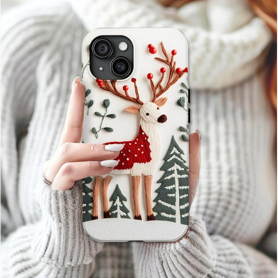 Christmas Reindeer Faux Embroidery Winter Case for iPhone 17 through 11 ...