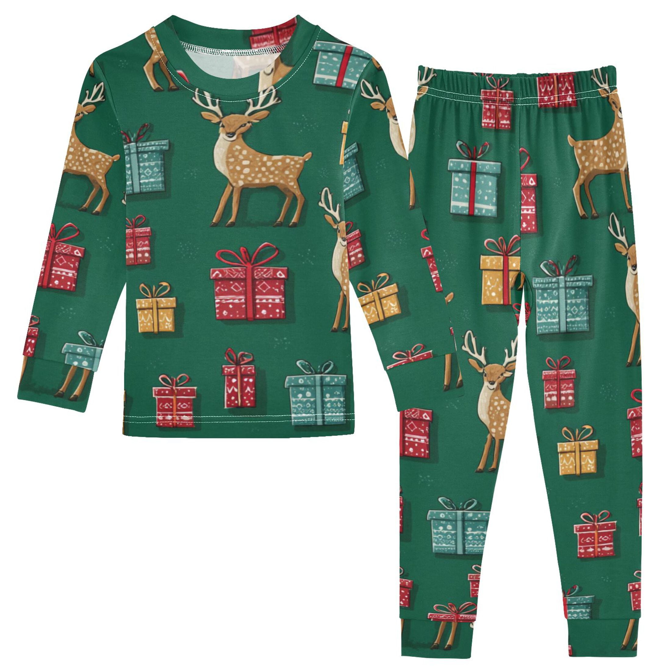 Christmas Reindeer Gift Vector Cotton Pajama Set Long Sleeve Top and ...