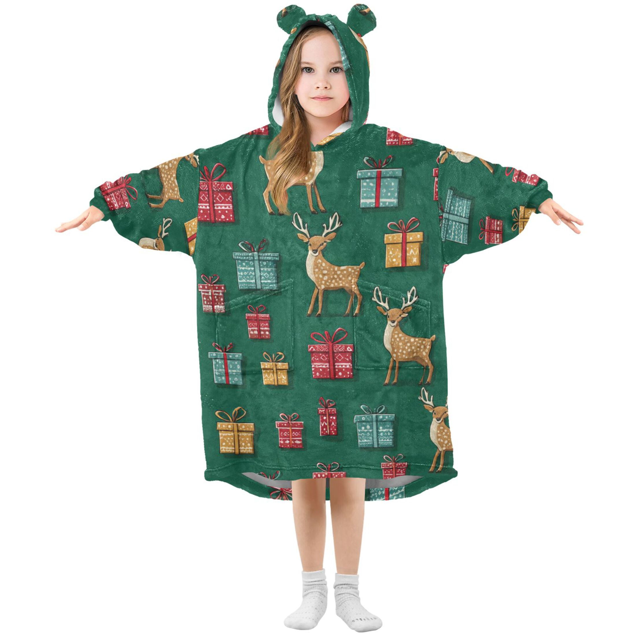 Christmas Reindeer Gift Vector Flannel Wearable Blankets Hooded Design ...