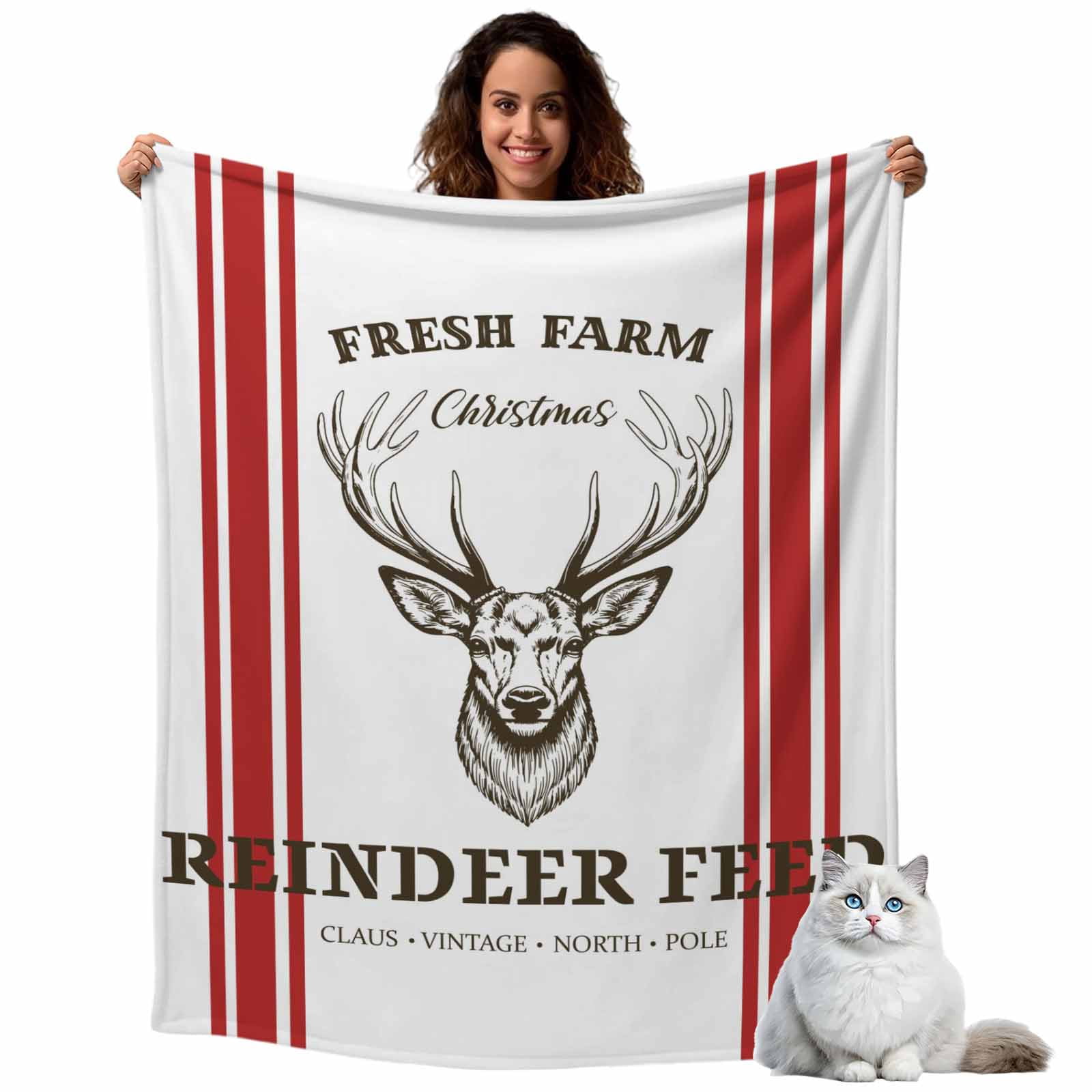 Christmas Reindeer Head Fleece Throw Blanket Lightweight Red Striped ...