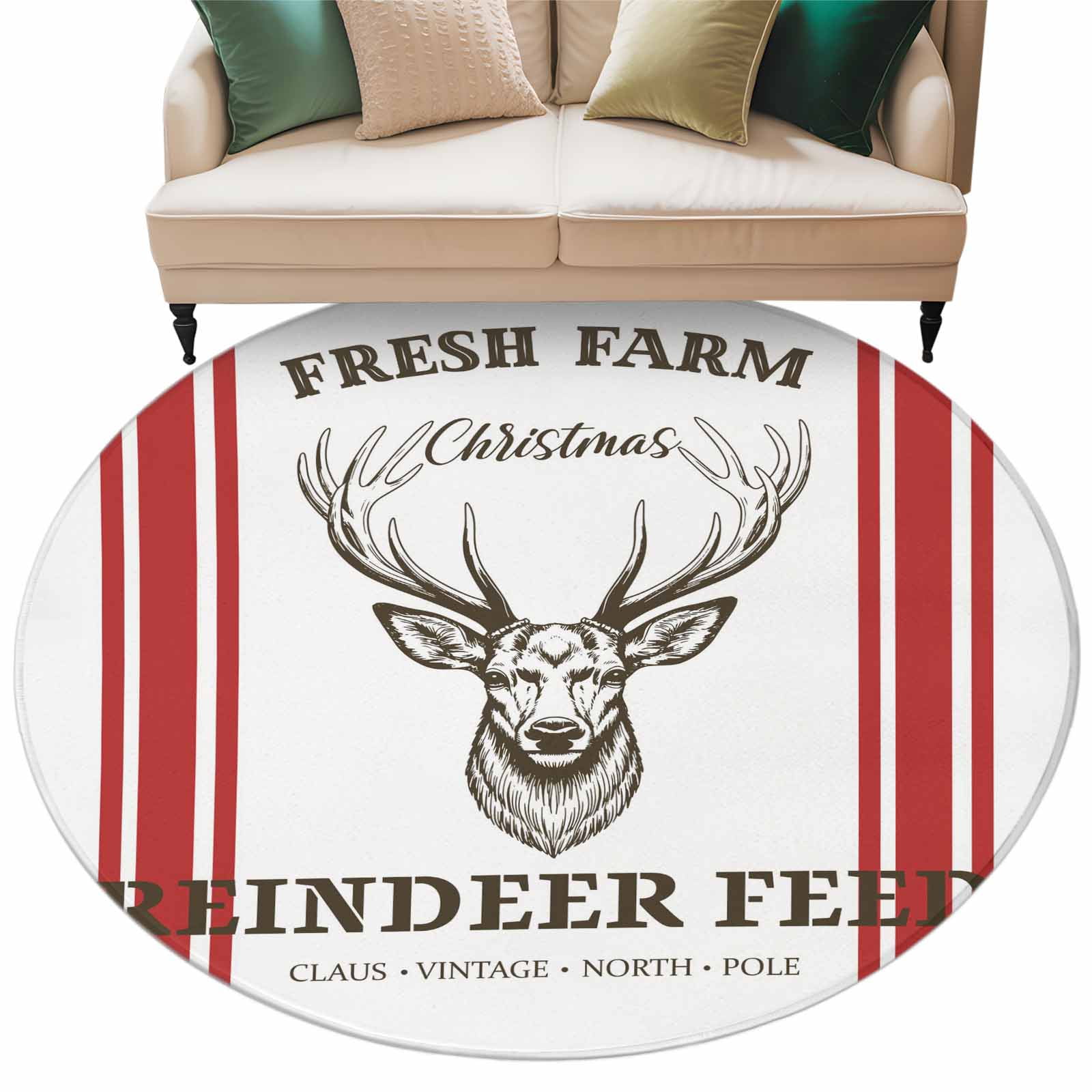 Christmas Reindeer Head Round Area Rug 5ft Red Striped Farm Animal ...