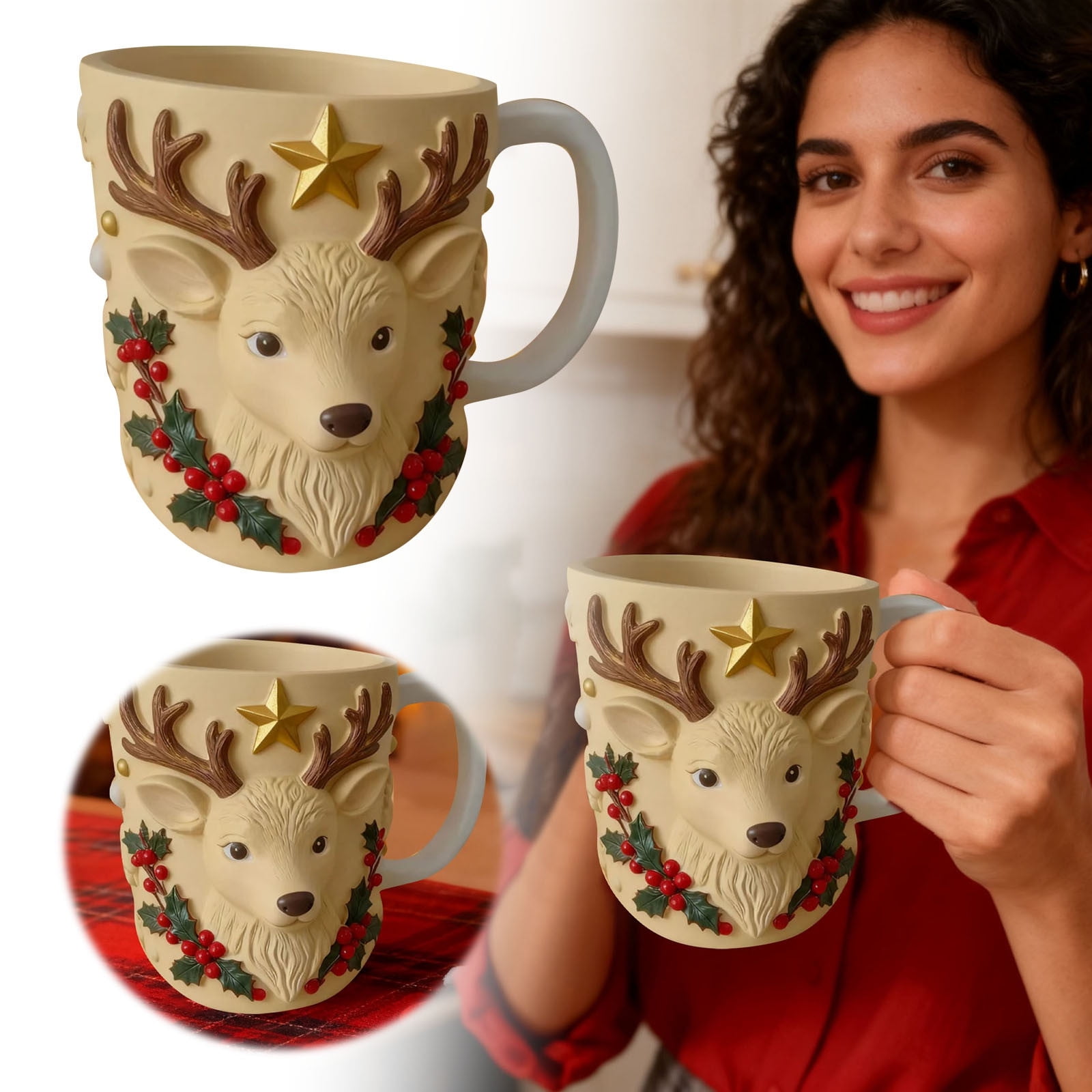 Christmas Reindeer Mug with Handle, Beige Holiday Resin Mug with ...