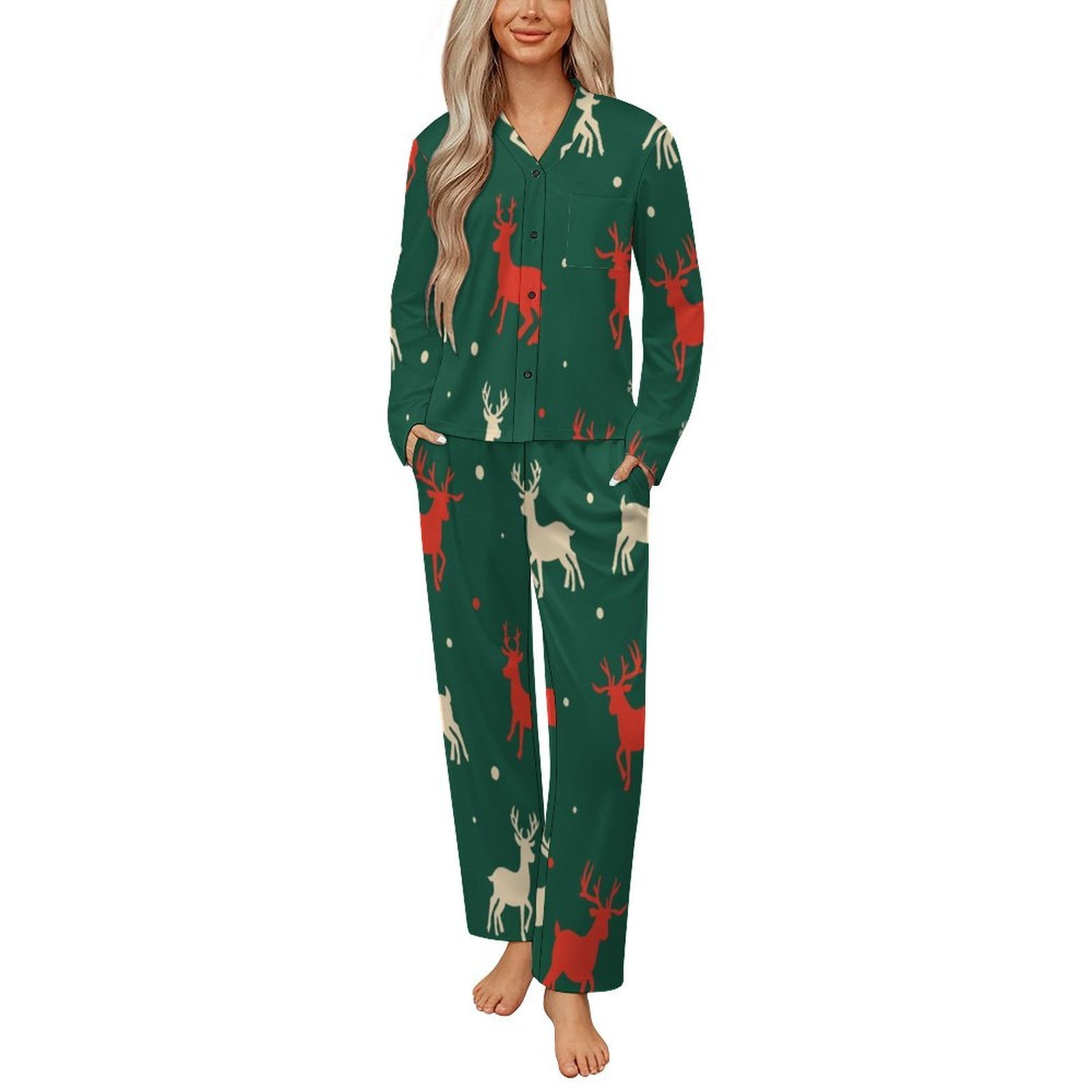 Christmas Reindeer Pattern Green Background Womens Pyjamas Set Button ...