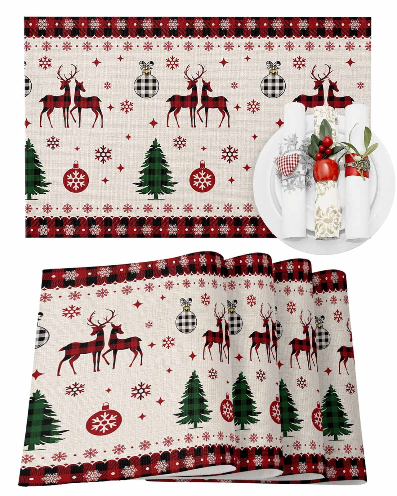 Christmas Reindeer Placemats Set of 4 and Xmas Tree Burlap Texture Heat ...