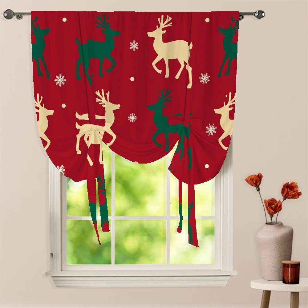 Christmas Reindeer Red Background Pattern Window Curtain for Living Room Roman Curtain Kitchen ...