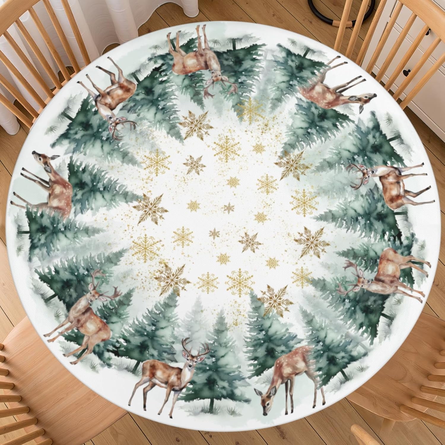 Christmas Reindeer Round Fitted Tablecloth Best for 40"-44" Xmas Winter ...