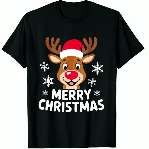 Christmas Reindeer Santa Hat Rudolph Face Snowflakes Merry Print ...