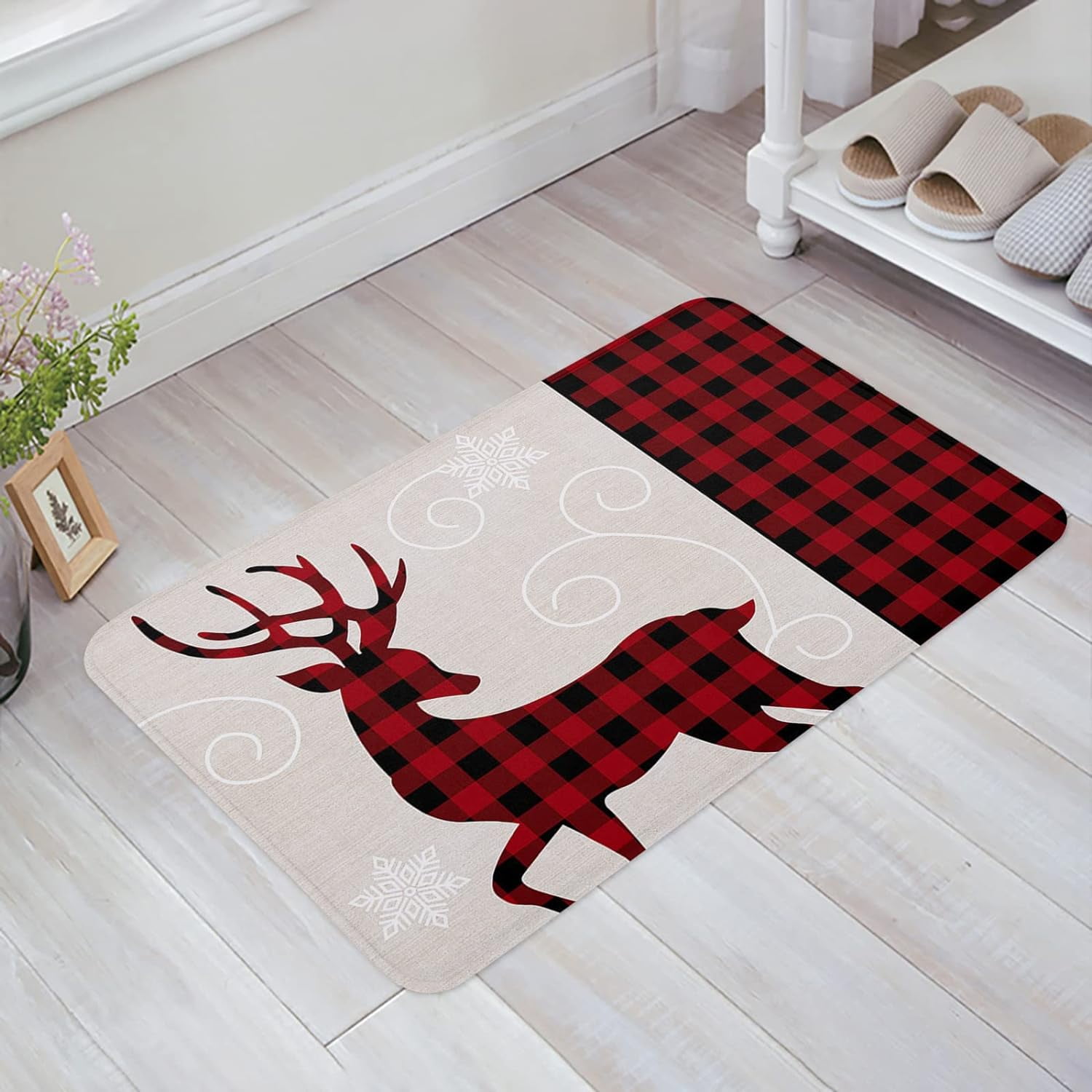 Christmas Reindeer Silhouette Red-Black Plaid Texture Indoor Doormat ...