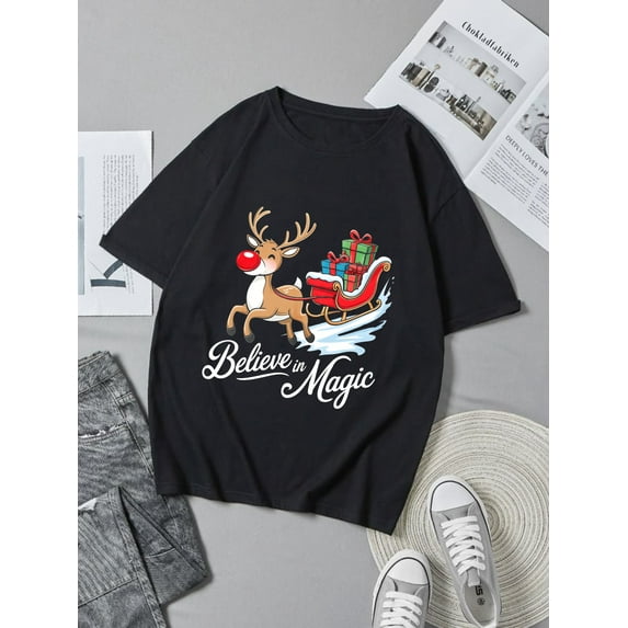 Christmas Reindeer Sleigh Cartoon Rudolph With Gift Boxes And Believe ...