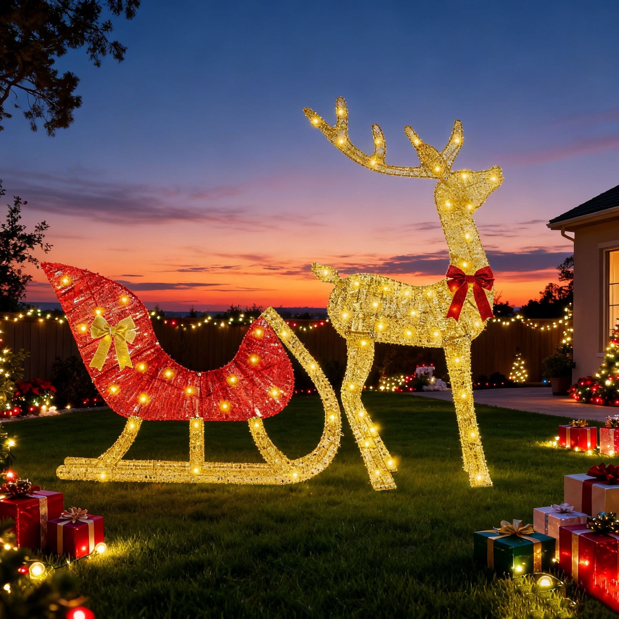 Christmas Reindeer & Sleigh Outdoor Decoration with Lights - 16.97ft ...