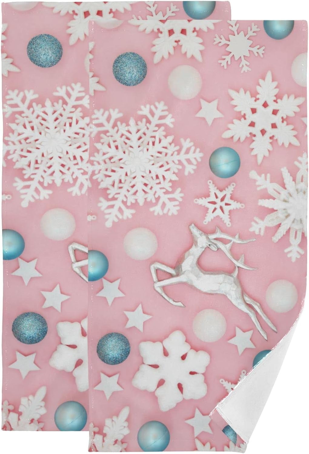 Christmas Reindeer Snowflake Hand Towels 2 PCS, Pink Xmas Kitchen Towel ...