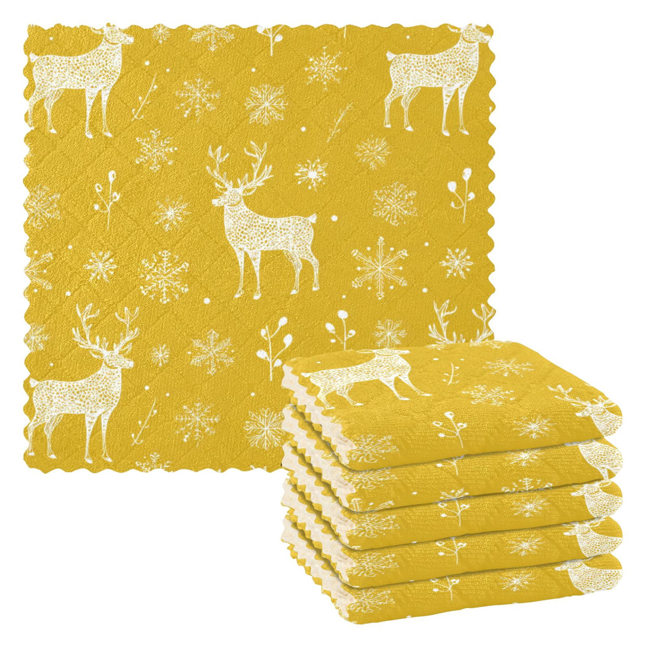 Christmas Reindeer Snowflake Leaves Yellow Background Dish Cloths Dish ...