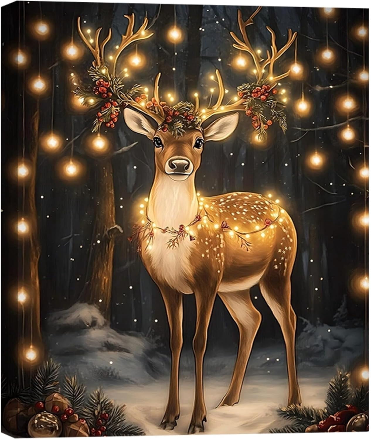 Christmas Reindeer Wall Art Framed, Cottage Winter Forest Wildlife Deer ...