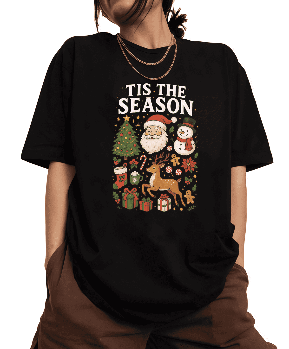 Christmas Retro Tis The Season Santa Snowman Graphic Print Tshirt Black ...