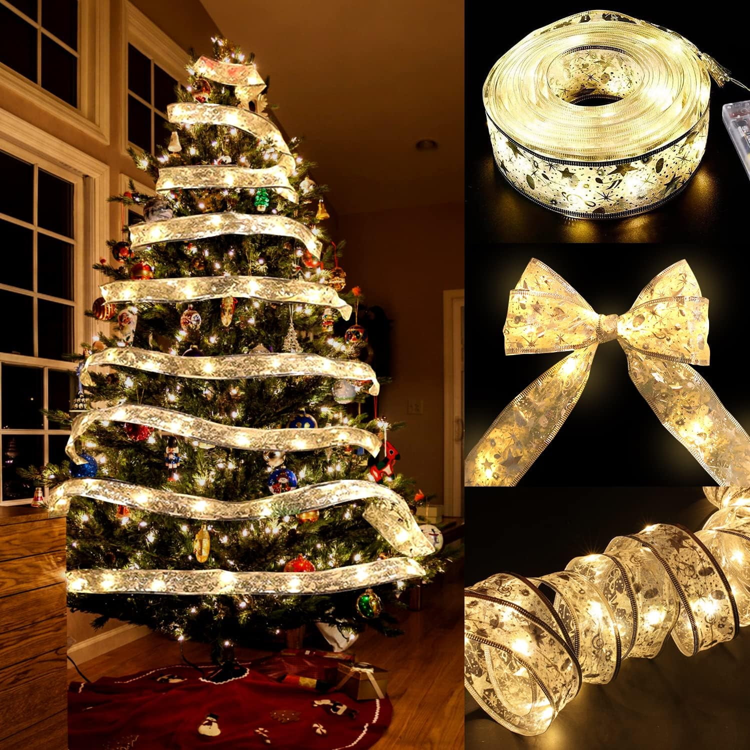 Xmas Ornament: 32.8Ft Silver LED Ribbon Christmas Lights, 100 LED Rope ...