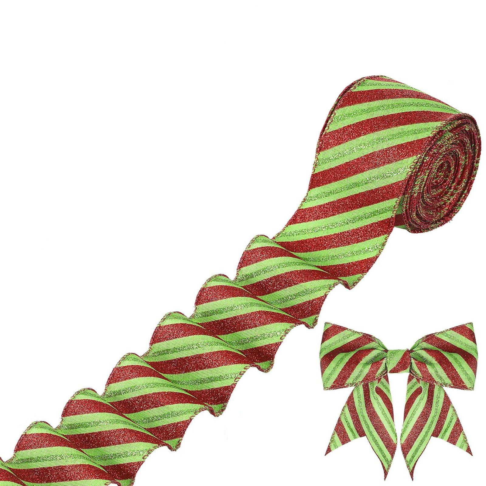Christmas Ribbon Red and Green Striped, 2.5 Inch Glitter Wired Edge ...