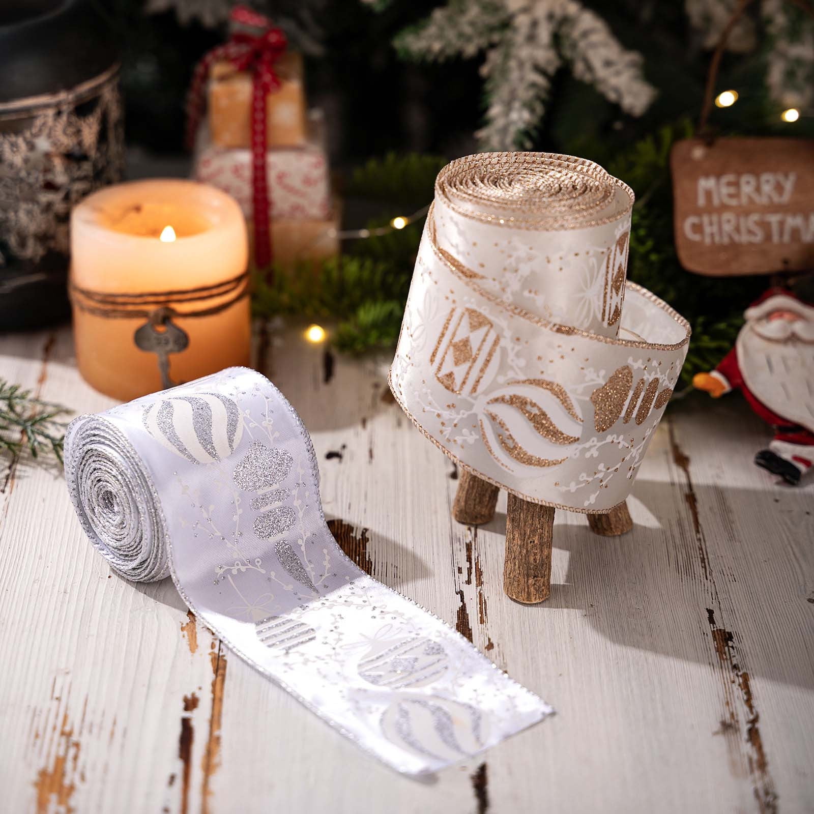 Christmas Ribbon Roll | Festive Webbing With Decorative Bow | 6.3cm x 4 ...