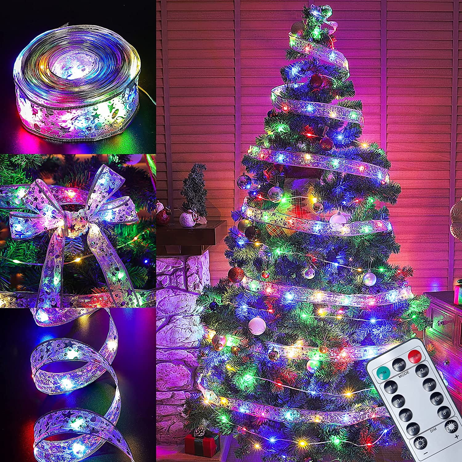 Christmas Ribbon String Lights USB Plug in, 33 ft 100 LED Lights 8 ...