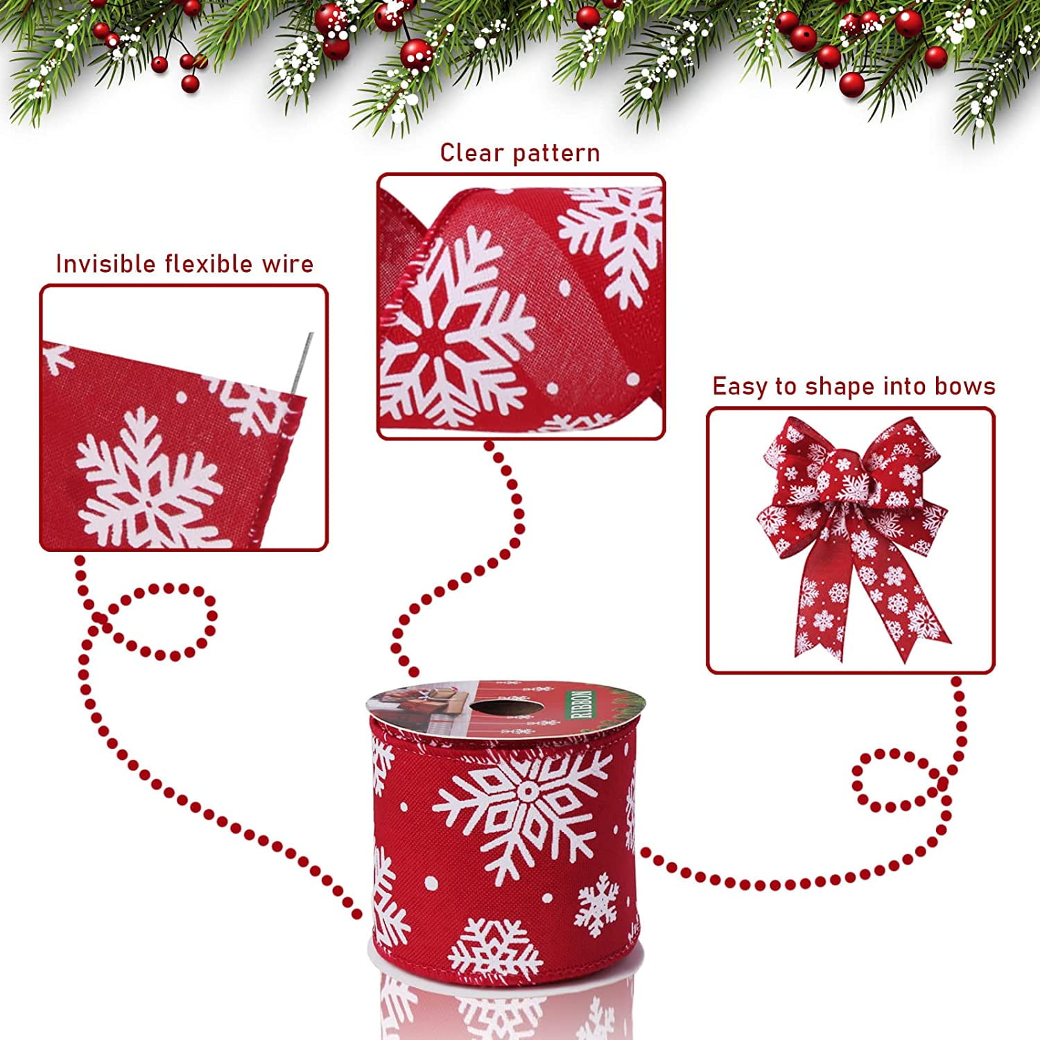 Christmas Ribbon Wired 2.5 Inch,1 Roll Christmas Wired Ribbon,Incl ...