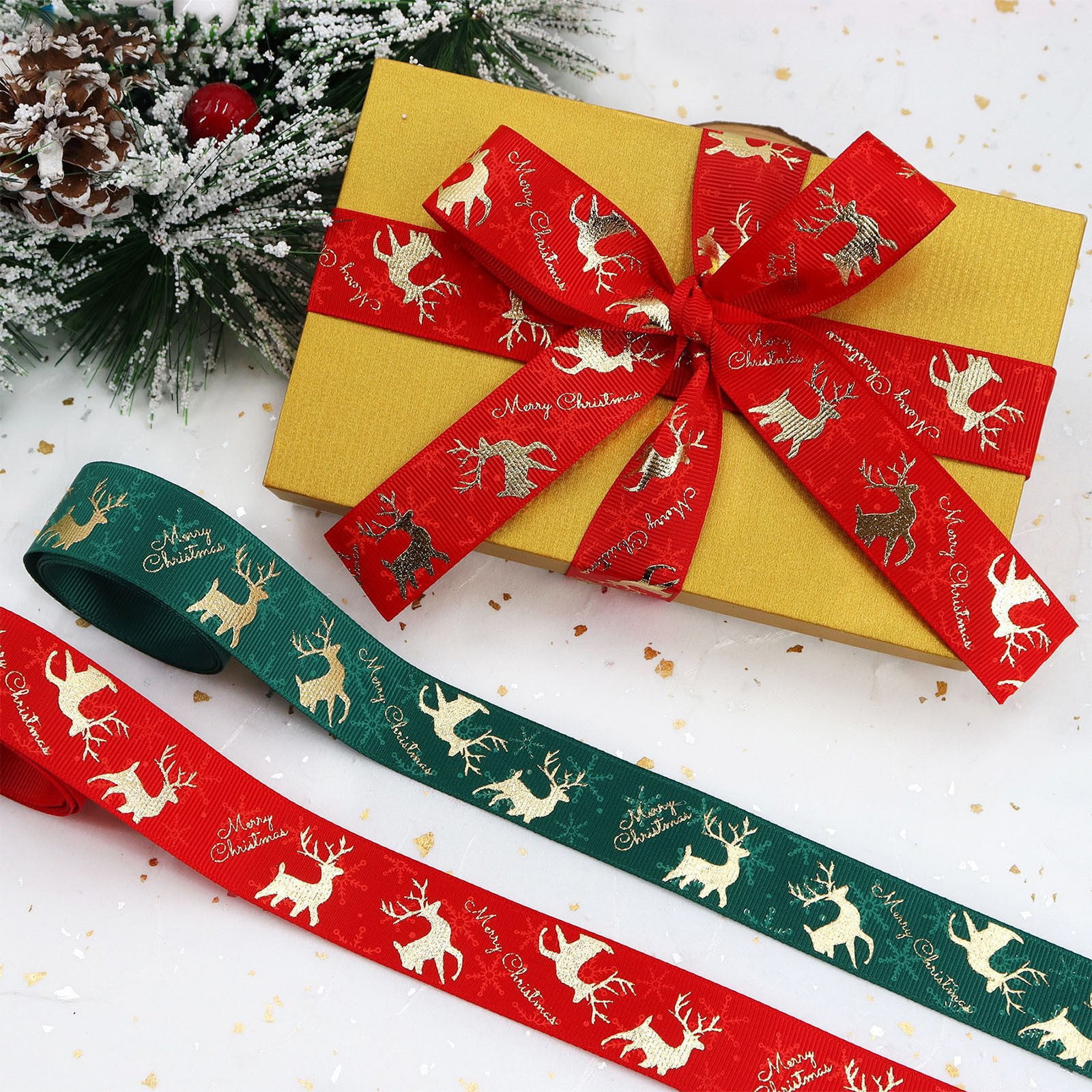Christmas Ribbons Merry Christmas Deer Snowflake 5Y, 1 Inch Wide Satin ...
