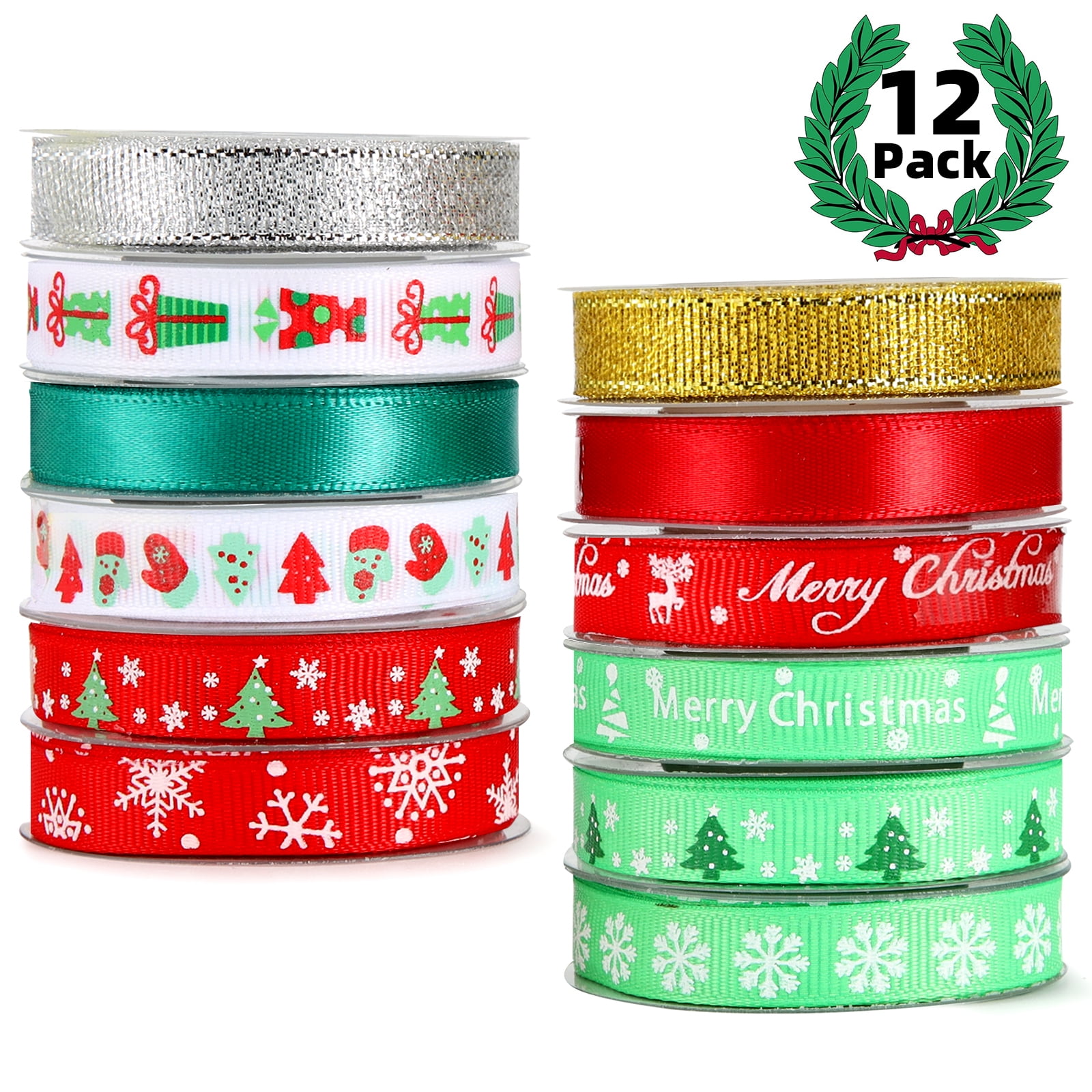 60 Yards Christmas Ribbons for Gift Wrapping, Grosgrain & Metallic ...