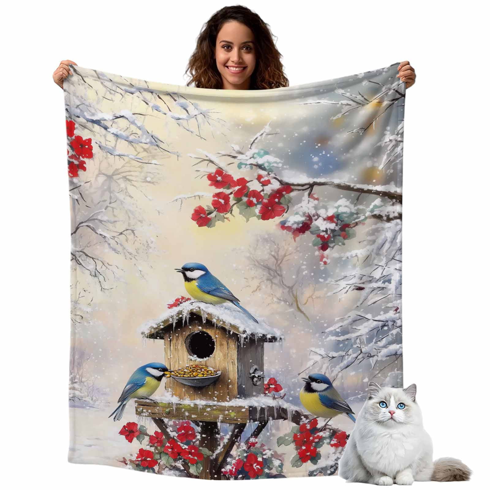 Christmas Robin Fleece Throw Blanket Lightweight Bird House Red Flowers ...