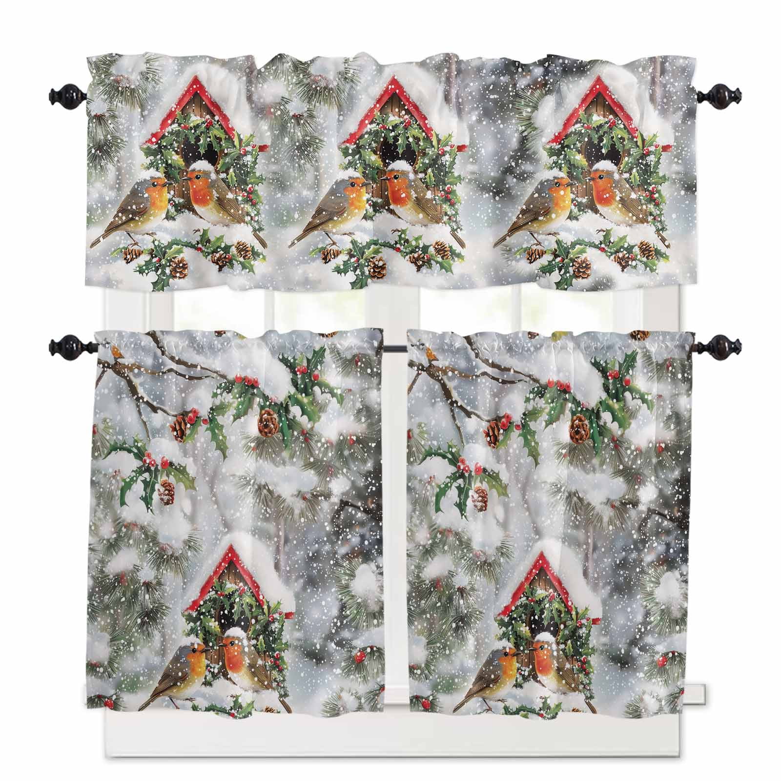 Christmas Robin Kitchen Curtains Valances and Tiers Set of 3 Bird House ...