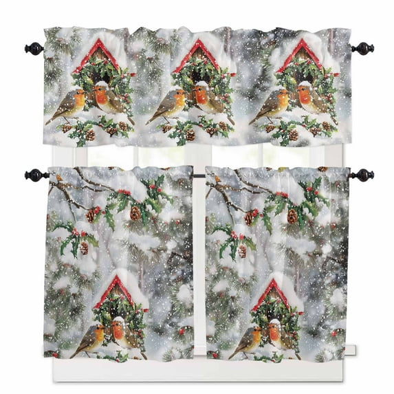 Christmas Robin Kitchen Curtains Valances and Tiers Set of 3 Bird House ...