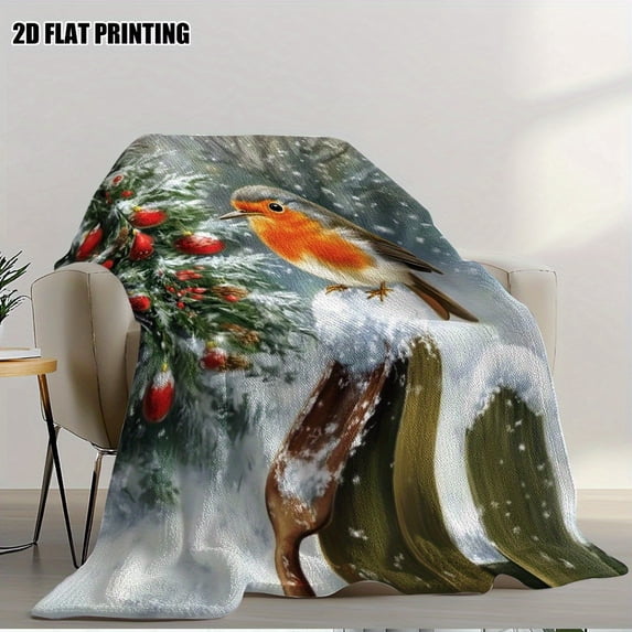 Christmas Robin in Snow Printed Throw Blanket Winter Robin Snowy ...