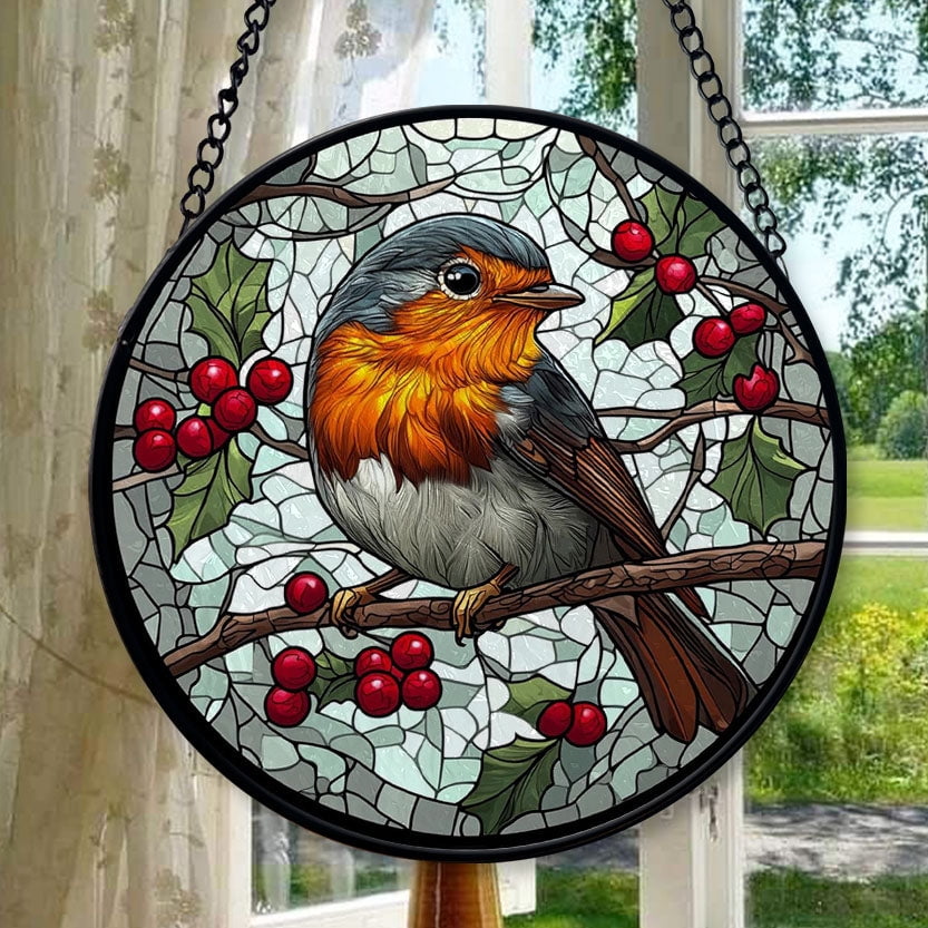 Christmas Robin Stained Glass Window Hanging, Christmas Decoration Gift ...