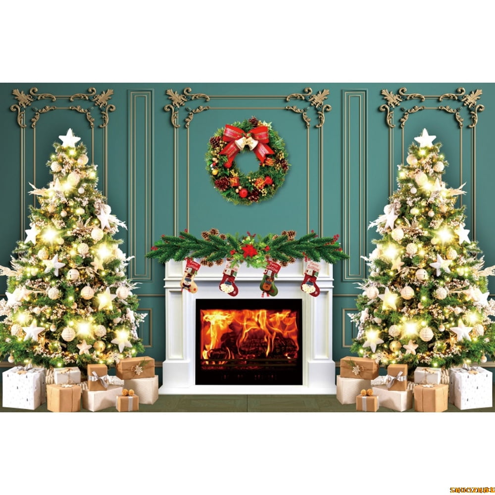 Christmas Room Photography Backdrop Winter Fireplace Window Xmas Tree ...