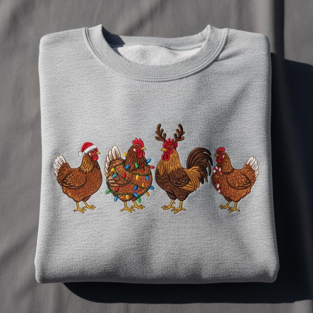 Christmas Rooster and Hens Embroidered Sweatshirt, Funny Chicken Xmas ...