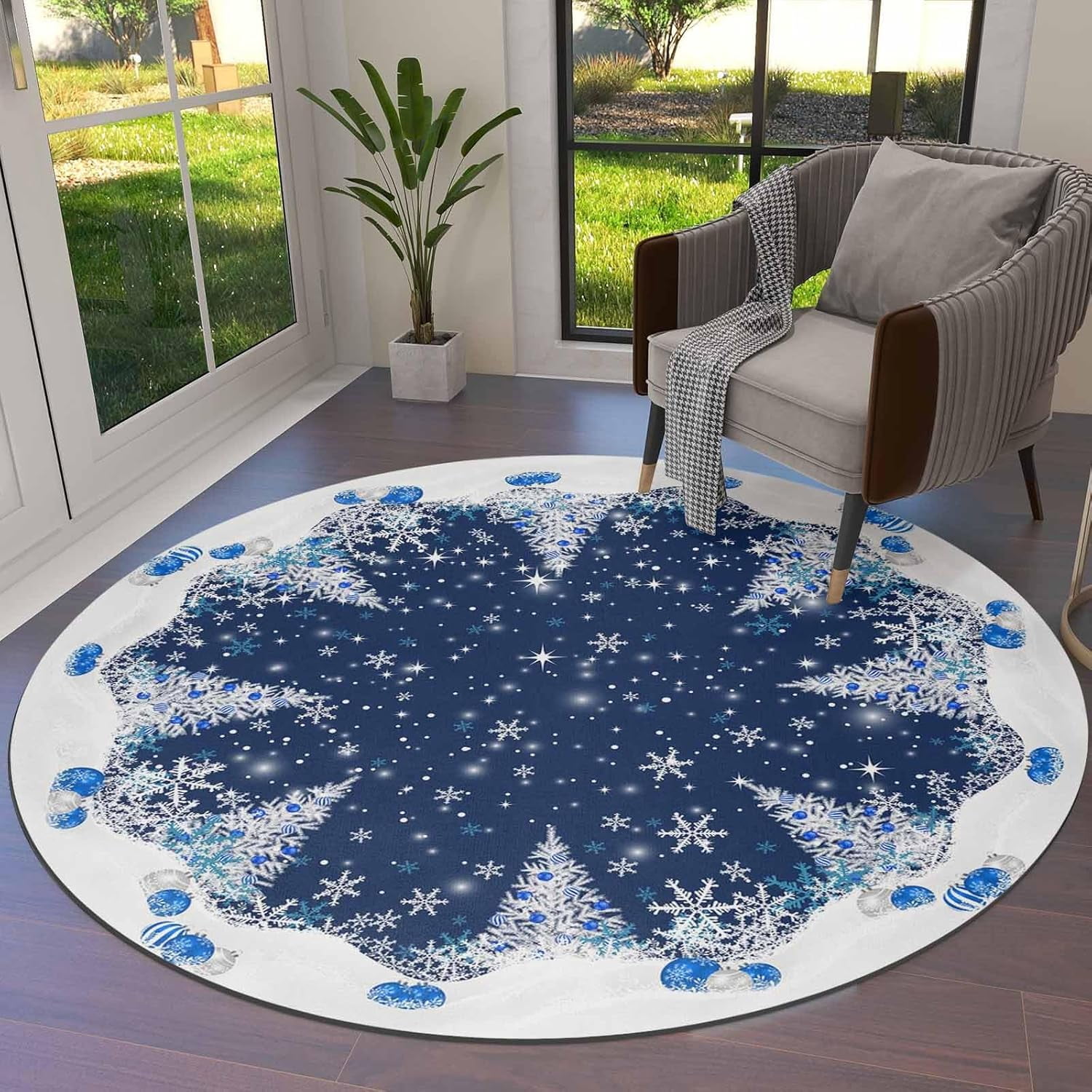Christmas Round Area Rug 3ft Blue Xmas Tree Ball Floor Carpets Washable ...