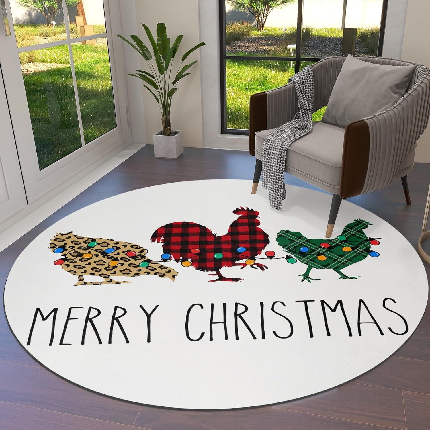 Christmas Round Area Rug 3ft Buffalo Plaid Chicken Floor Carpets ...