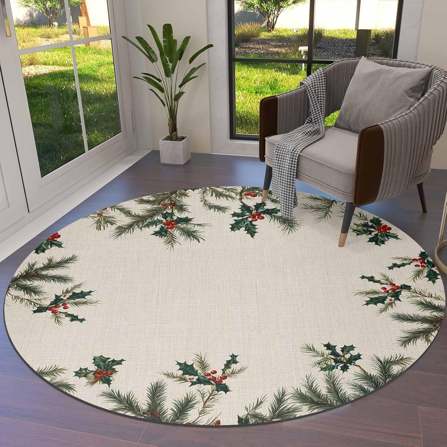 Christmas Round Area Rug 3ft Holly Berries Floor Carpets Washable ...