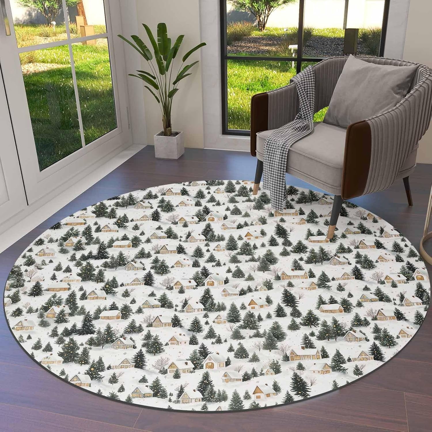 Christmas Round Area Rug 3ft Pine Trees Forest Snow Floor Carpets ...