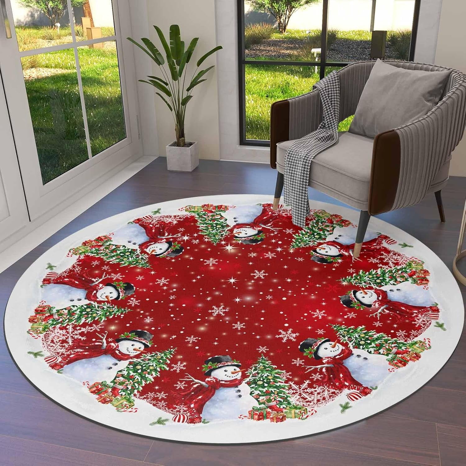Christmas Round Area Rug 3ft Christmas Snowman Red Floor Carpets ...