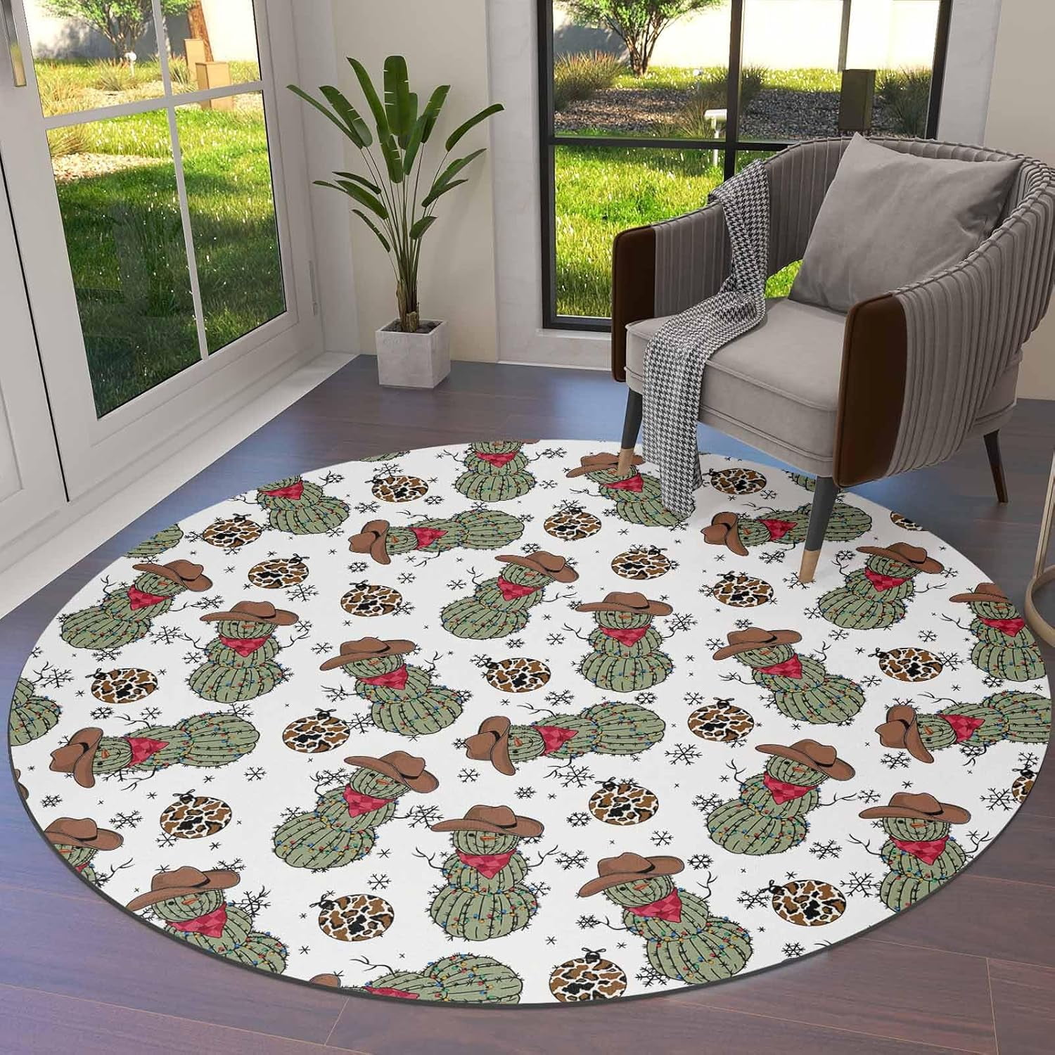 Christmas Round Area Rug 3ft Western Cactus Snowman Cowboy Hat Floor ...
