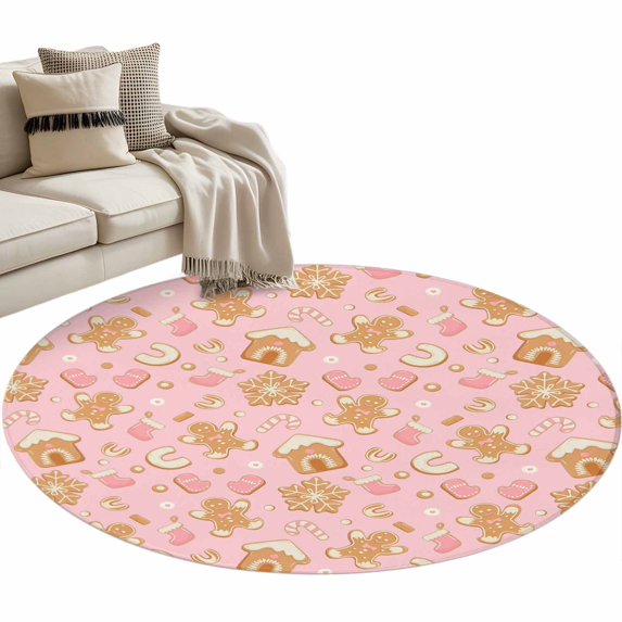Christmas Round Area Rug 3ft Pink Gingerbread Man Cookie House Candy ...