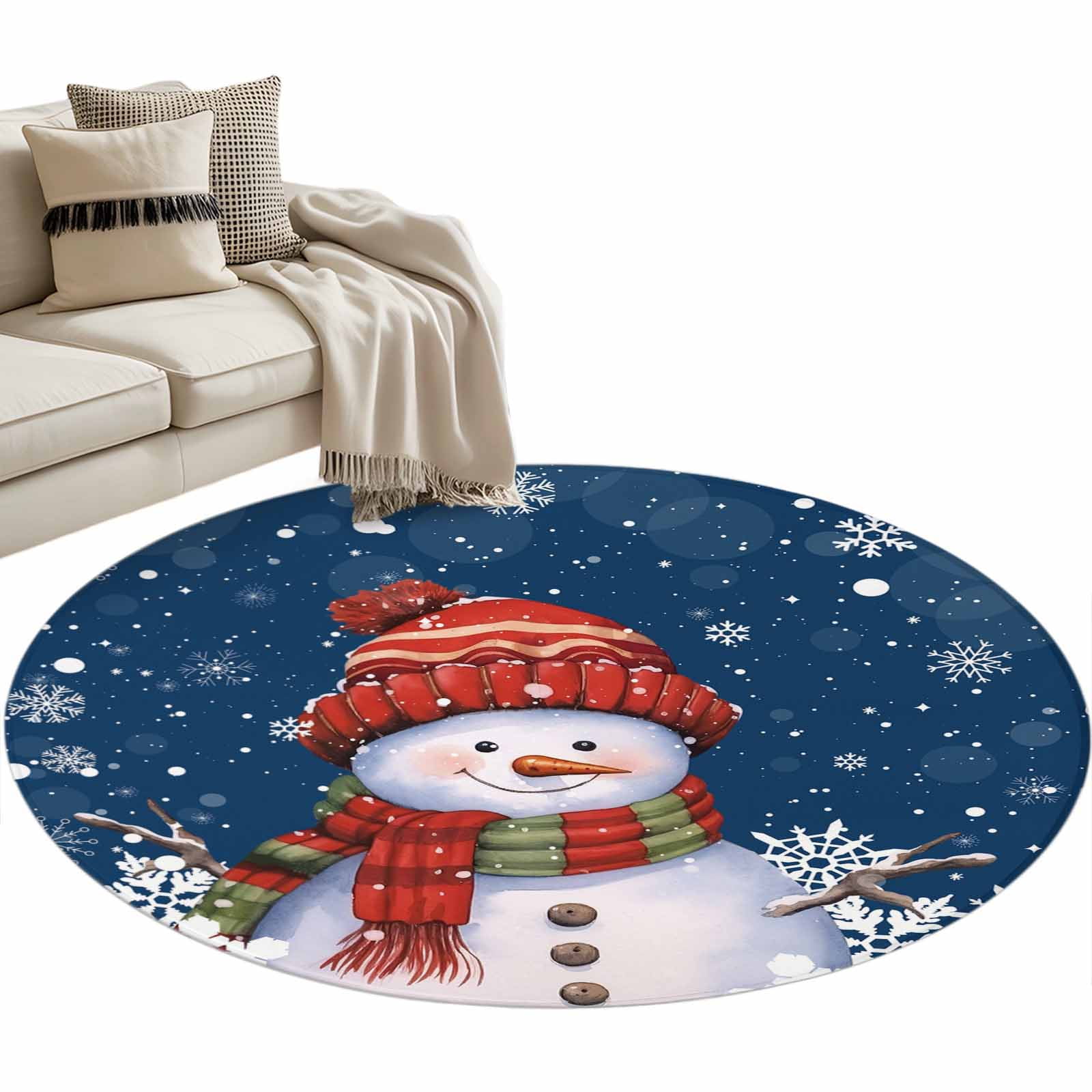Christmas Round Area Rug 3ft Snowman with Cap Xmas Snowflake Navy Blue ...