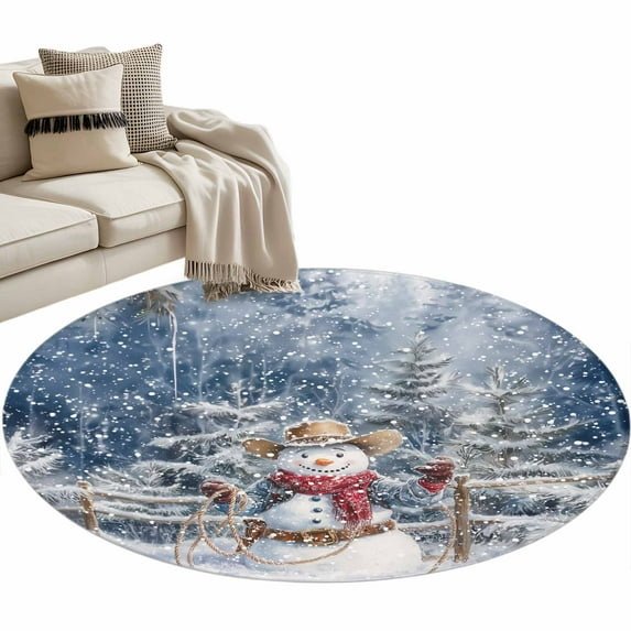 Christmas Round Area Rug 3ft Western Cowboy Snowman Xmas Tree Blue Snow ...