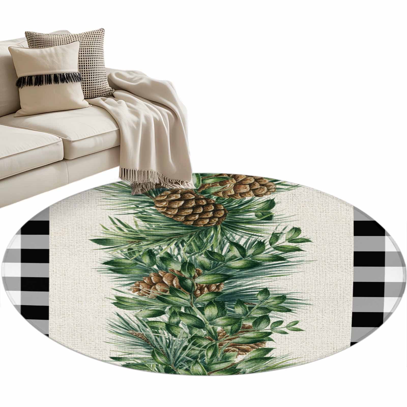Christmas Round Area Rug 4ft Retro Green Pine Tree Leaf Pine Cones ...