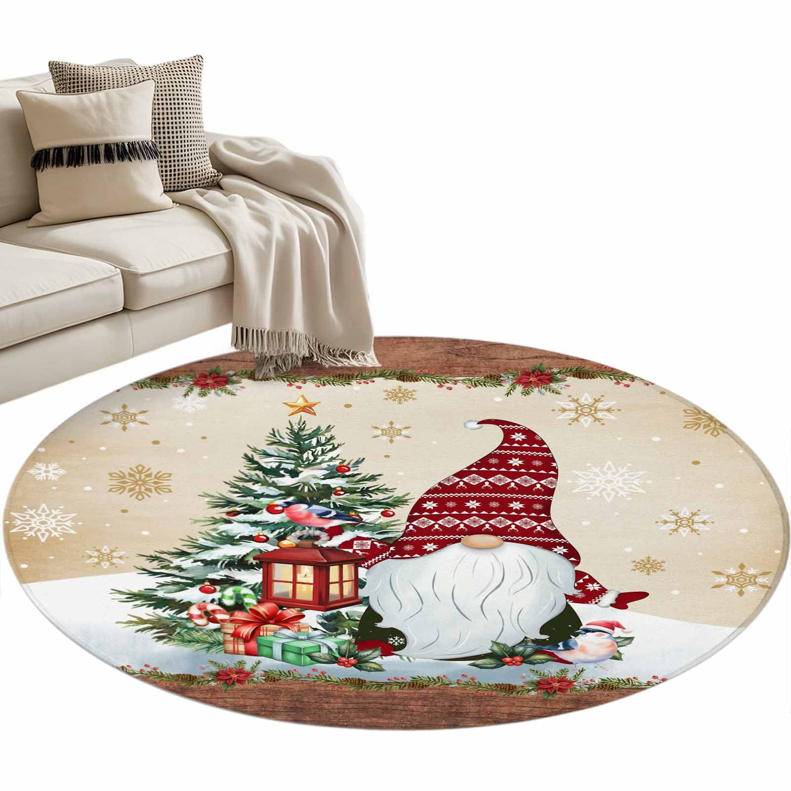 Christmas Round Area Rug 4ft Xmas Dwarfs Pine Tree Snowflakes Yellow ...