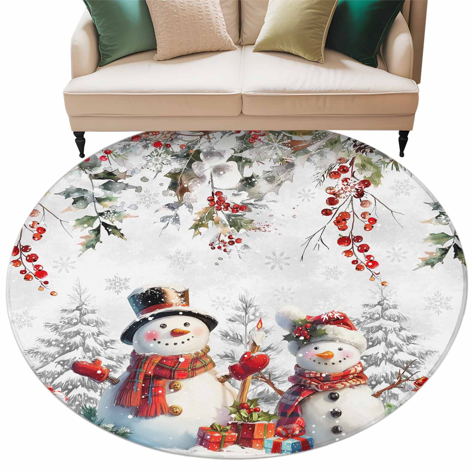 Christmas Round Area Rug 5ft Winter Pine Leaves Berries Snowman Gifts ...