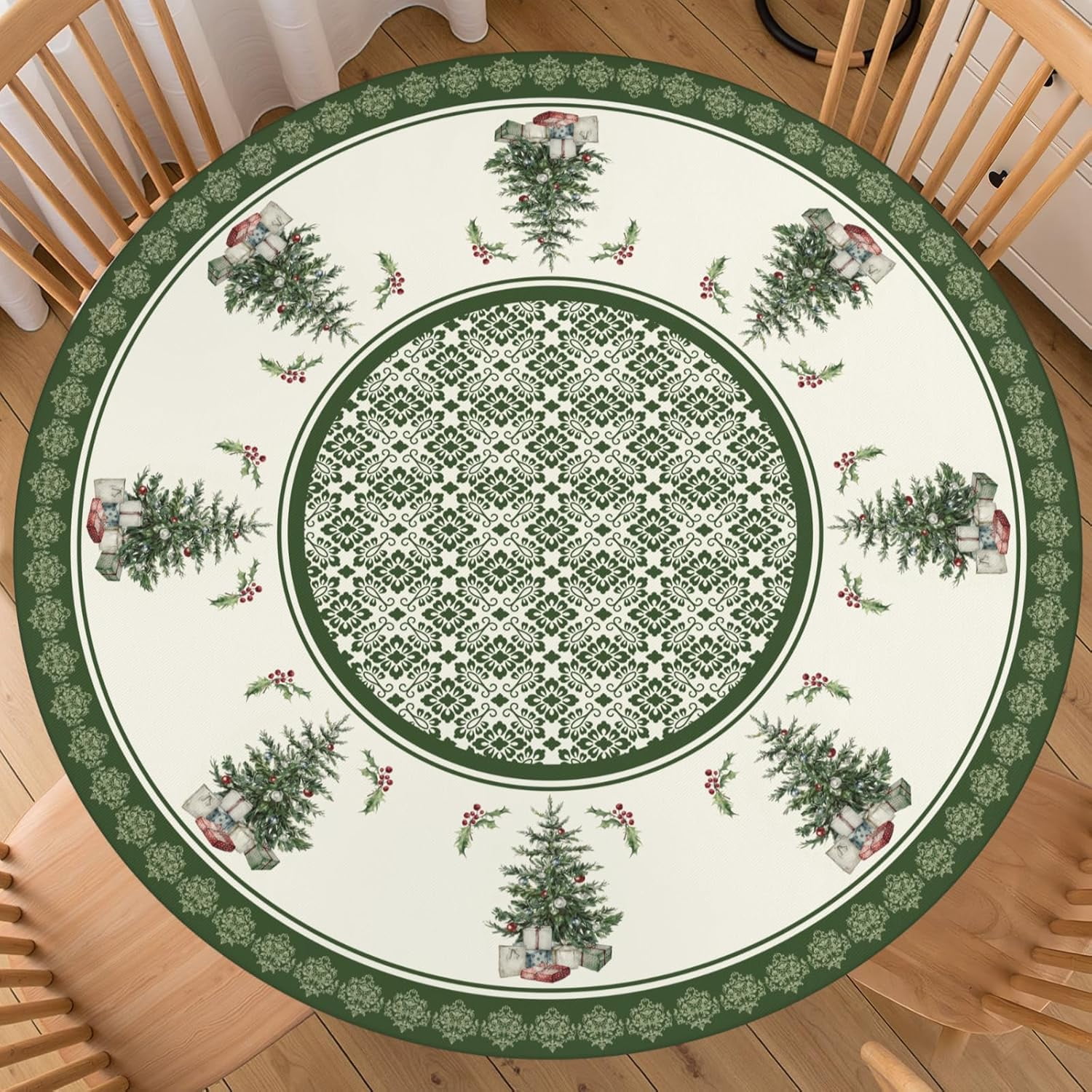 Christmas Round Fitted Tablecloth Best for 48"-52" Xmas Green Pine Tree ...