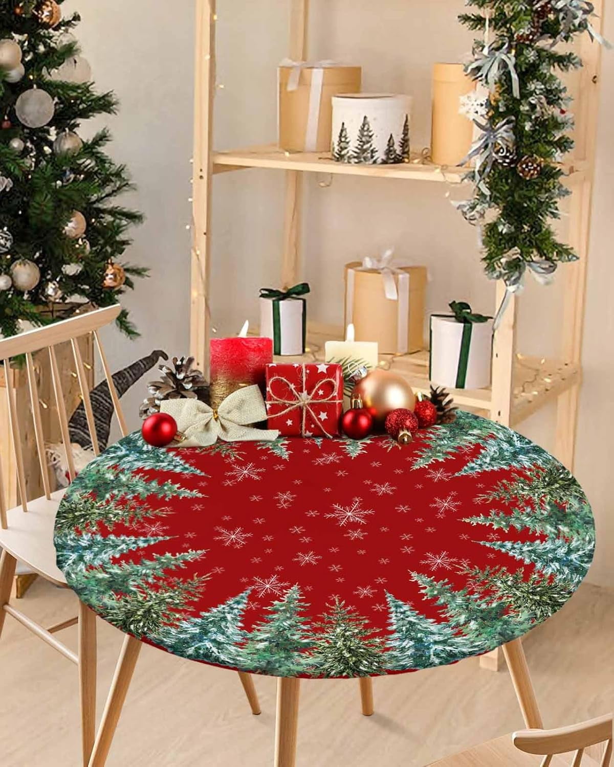 Christmas Round Fitted Tablecloth with Elastic Edge,Green Xmas Tree ...