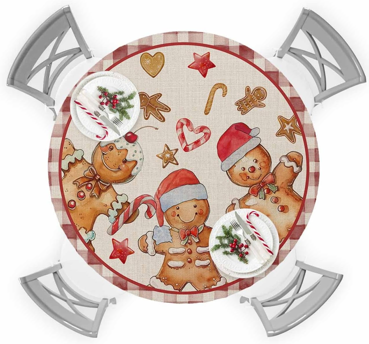 Christmas Round Fitted Tablecloth with Elastic Gingerbread Man ...