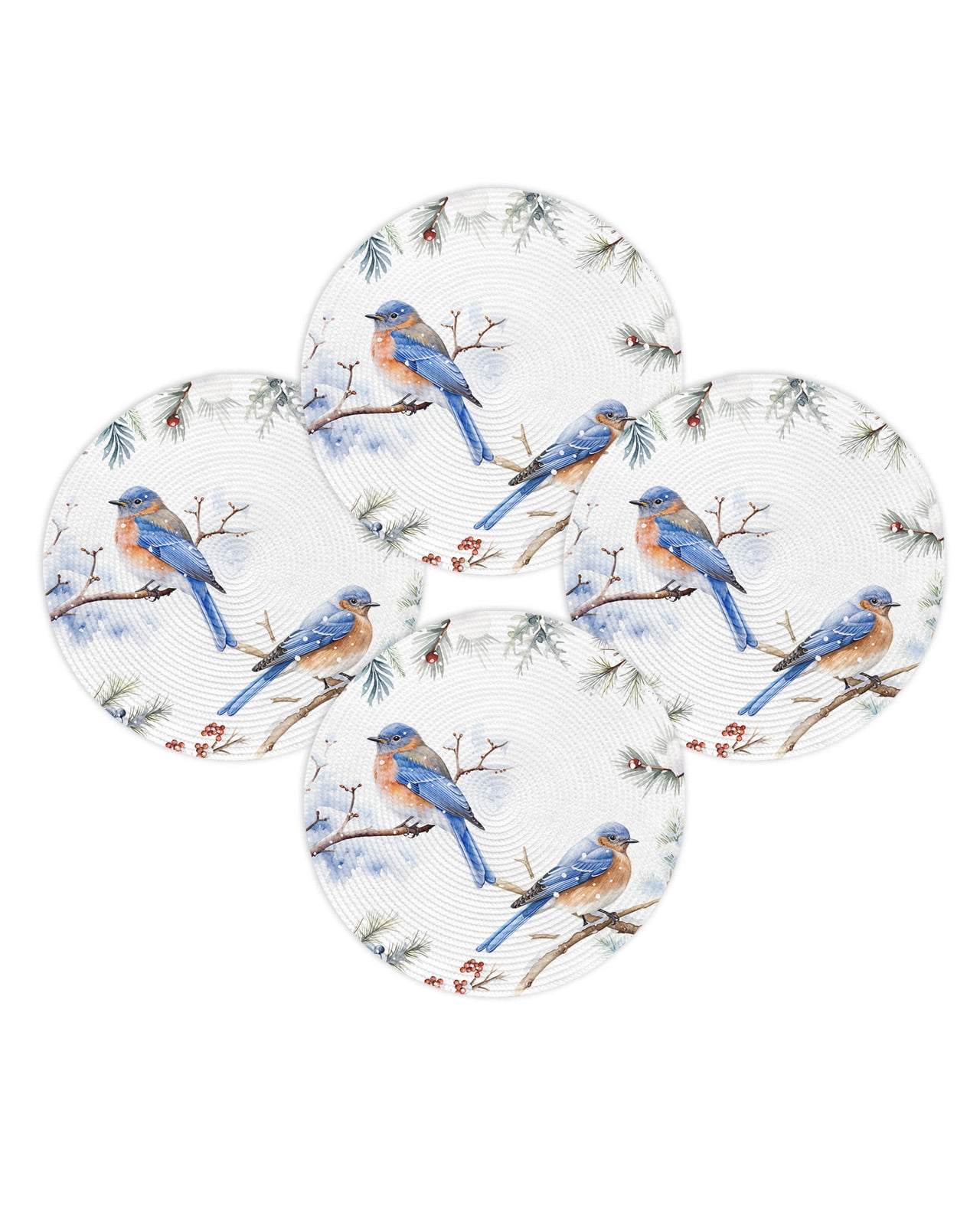 Christmas Round Placemats Set of 4 Blue Robin Bird Place Mats Washable ...