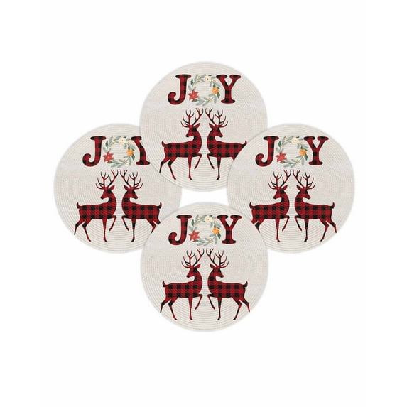Christmas Round Placemats Set of 4 Buffalo Plaid Elk Reindeer Place ...